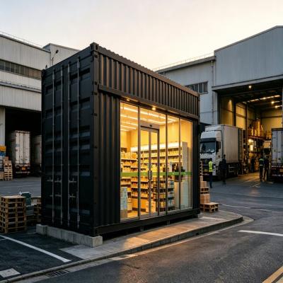 China Factory Freestanding Cafe Service Counter Glass Display Shelf Bakery Service Area Storefront  Flat Pack Prefab Kiosk for sale