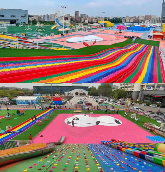 Children enjoying the rainbow slide at an amusement park