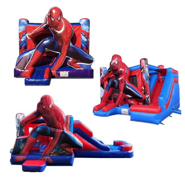 Spiderman themed inflatable bounce house with slide - front view