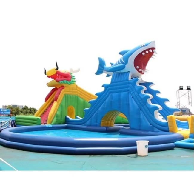 Inflatable Water Park Dragon Shark Slide - front view
