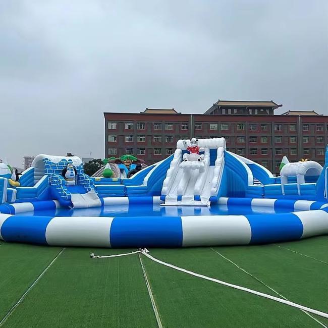 Inflatable water slide in use at a park