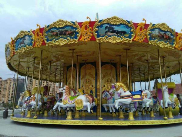 Quality 5.5KW All Ages Amusement Park Equipment Fiberglass Stainless Steel Carousel Rides for sale