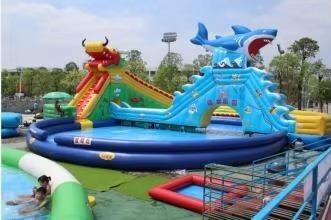 China 14*18m Inflatable Water Park with 1200w Blower and 1-20 People Capacity Dragon Shark Slide and Large Swimming Pool for sale