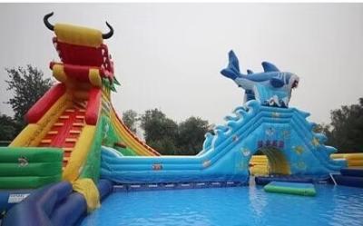 China 14*18m Inflatable Water Park with 1200w Blower and 1-20 People Capacity Dragon Shark Slide and Large Swimming Pool for sale