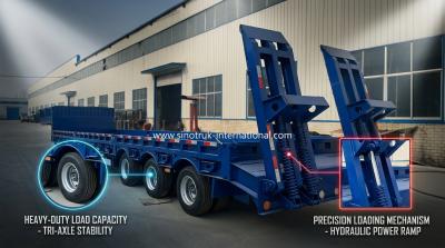 China 3 Axles 80 Tons 17m Hydraulic Flatbed Trailer For Loading Construction Machines for sale