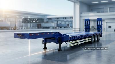 China Low Bed Semi Truck Trailer 3 Axles 80T Loading Construction Machine / Heavy Equipment for sale