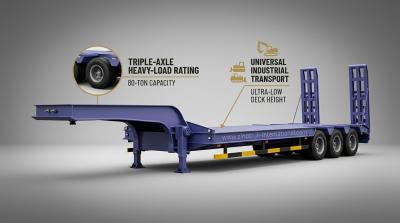 China Low-bed Semi Trailer Truck 3 Axles 60Tons 15m for carrying construction machine for sale