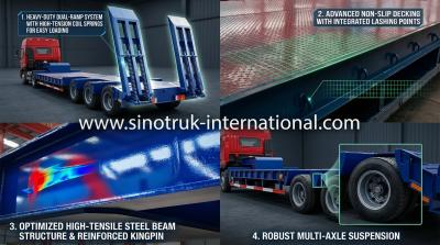 China Low-bed Semi Trailer Truck 3 Axles 70Tons 15m for Loading construction machine for sale