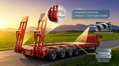 China Low-bed Semi Trailer Truck 3 Axles 70Tons 17m for Loading construction machine for sale