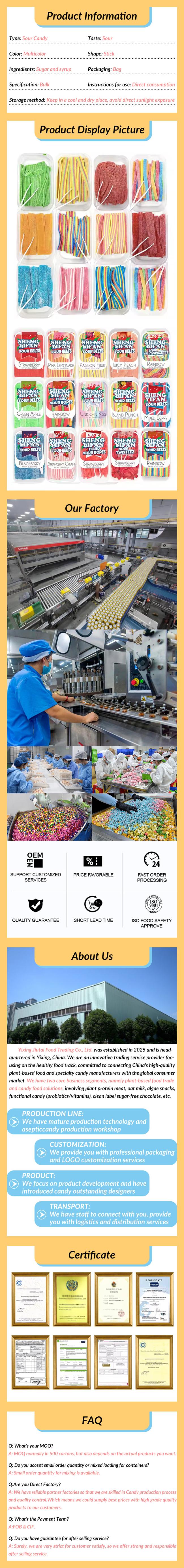 Packaged sour belt candies displayed in bulk quantity