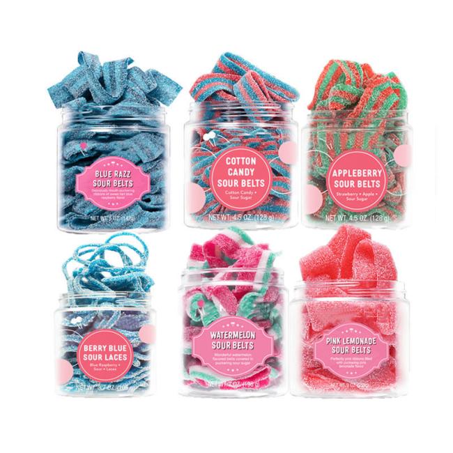 Close-up view of colorful sour belt candy showing texture and vibrant colors