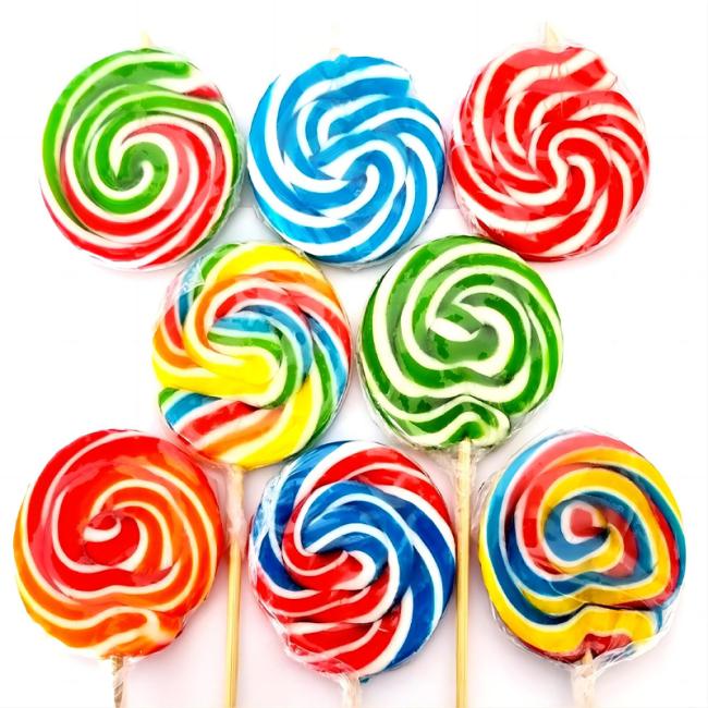 Colorful assortment of cartoon-themed lollipops displayed in various shapes and colors