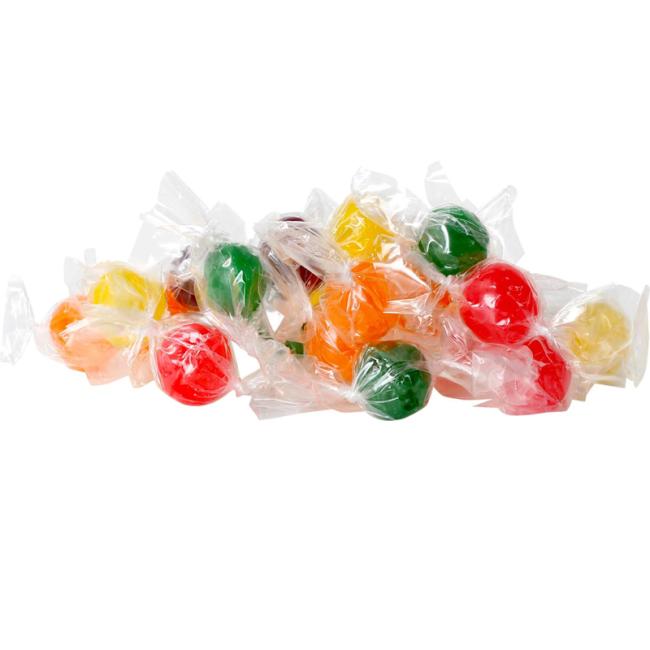 Colorful assortment of fruit-flavored hard candies in various shapes and colors