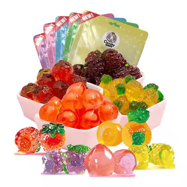 Quality Mini 3D 4D Jelly Candy Gummies Mix Fruit Shape Jam Filled Bulk for sale