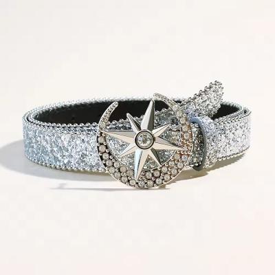 China Lingshang leather Pu Belt Y2K Party Western Buckle Rhinestone Belt Shiny Glitter Waist Strap Beaded Trim Moon Star Crystal Buckle Ladies Belt for sale
