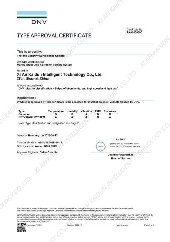 TYPE APPROVAL CERTIFICATE - Xi An Kaidun Intelligent Technology Co., Ltd.