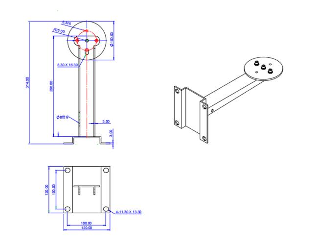 Technical diagram showing dimensions of SS316L wall mounting bracket