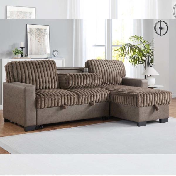 Quality L-Shaped Reversible Sectional Sleeper Sofa with Pull-Out Bed and Dropdown Table and Storage, Brown & Dark Brown Fabric for sale