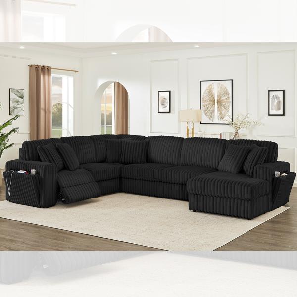 Quality Recliner Sofa set with Hidden Cup Holder and Wireless Charger, Black Corduroy for sale