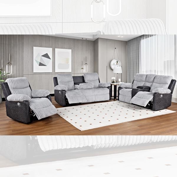 Quality Recliner Sofa set with Dropdown Table and Storage Box, Gray & Dark Gray Fabric for sale