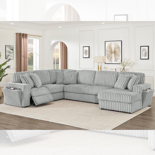 Quality Recliner Sofa set with Hidden Cup Holder and Wireless Charger, Gray Corduroy for sale