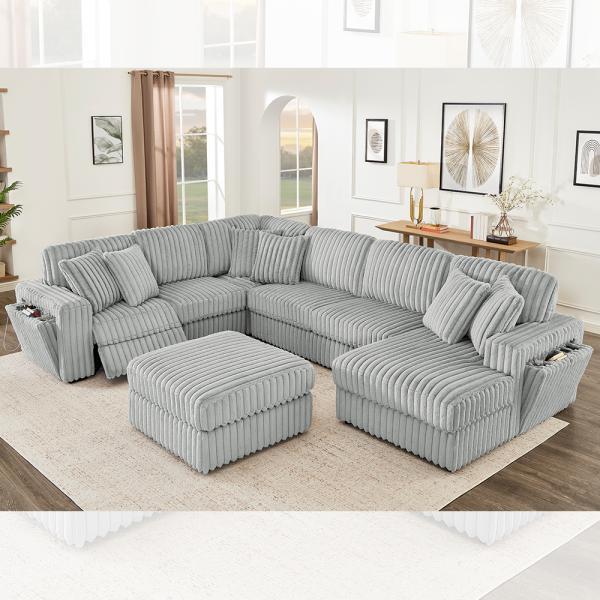 Quality Recliner Sofa set with Hidden Cup Holder and Wireless Charger, Gray Corduroy Fabric for sale