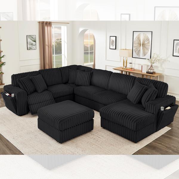 Quality Recliner Sofa set with Hidden Cup Holder and Wireless Charger, Black Corduroy Fabric for sale