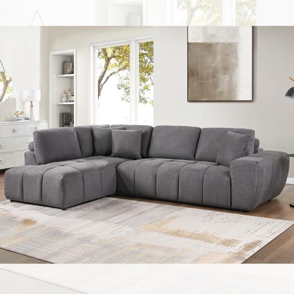 Quality L-Shaped Sectional Sofa with 3 Pillows, Dark Gray Fabric for sale