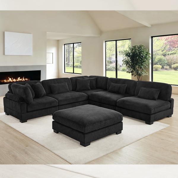 Quality Sectional Modular Sofa, Black Corduroy Fabric for sale
