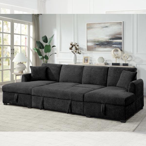 Quality U-Shaped Sectional Sleeper Sofa with Pull Out Bed and Storage Chaise, Black for sale