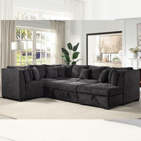 Quality U-Shaped Sectional Sleeper Sofa with Pull Out Bed and Storage Chaise Lounge, for sale
