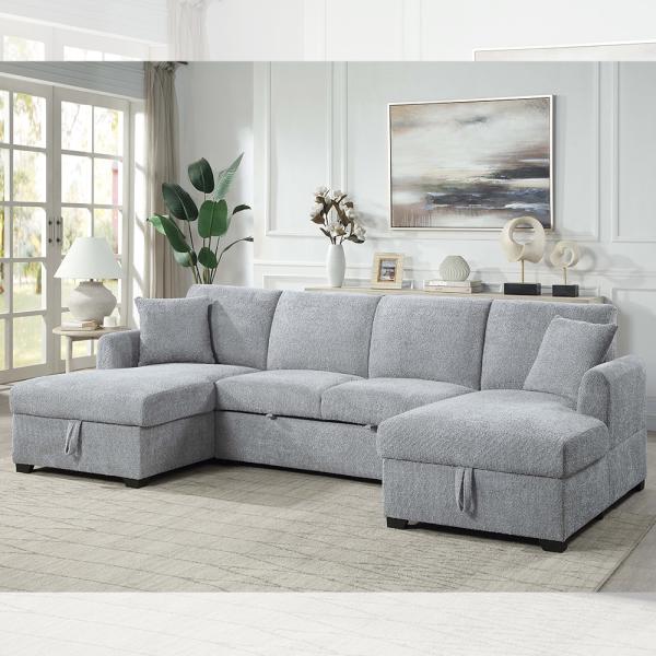 Quality U-Shaped Sectional Sleeper Sofa with Pull Out Bed and Storage Chaise, Gray Sherpa Fabric for sale