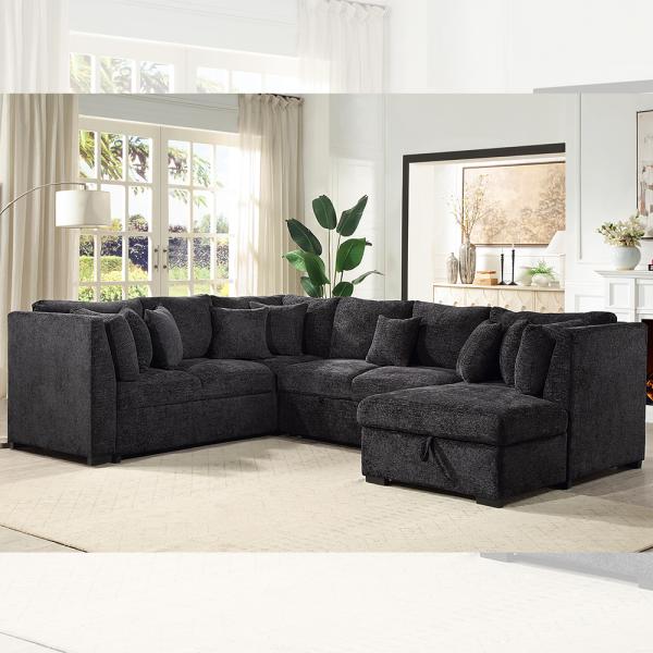 Quality U-Shaped Sectional Sleeper Sofa with Pull Out Bed and Storage Chaise Lounge, Black Fabric for sale