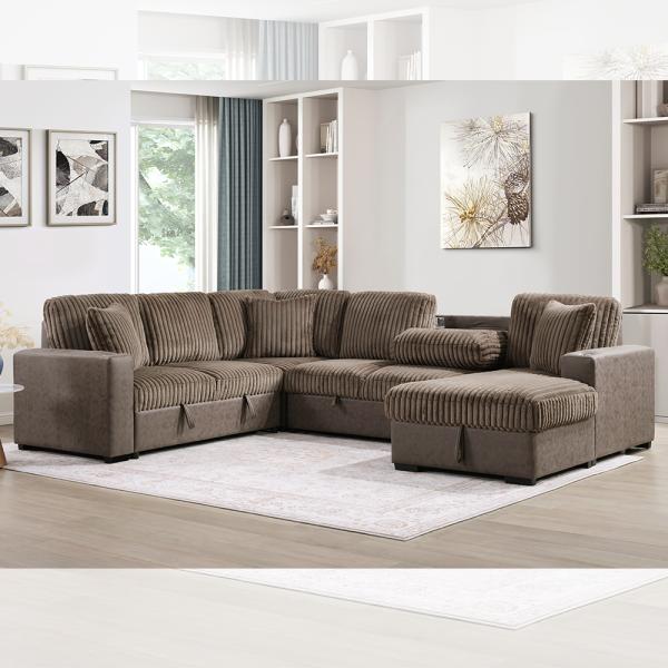 Quality U-Shaped Sectional Sleeper Sofa with Pull Out Bed and Storage Chaise Lounge and Storage Loveseat and Dropdown table and USB Charging Port, Brown Fabric for sale