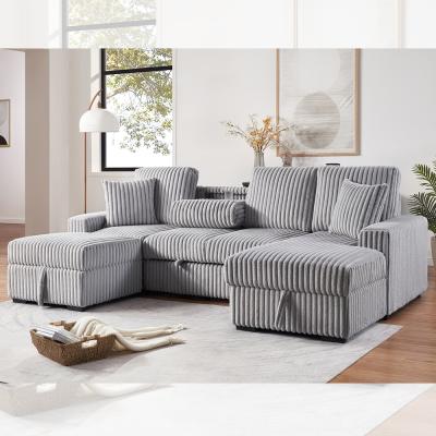 China Sectional Sleeper Sofa with Pull-Out Bed and Dropdown Table and Storage Chaise and Storage Ottoman, Gray Corduroy Fabric for sale