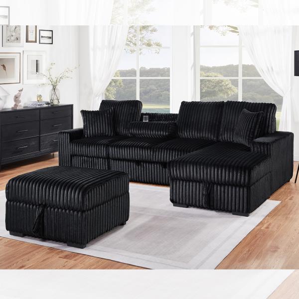Quality Sectional Sleeper Sofa with Pull-Out Bed and Dropdown Table and Storage Chaise for sale