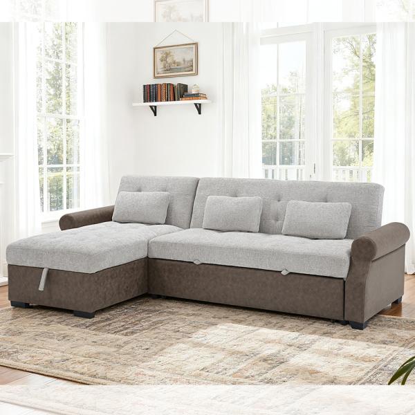 Quality L-Shaped Sectional Sleeper Sofa with Pull-Out Bed and Adjustable Backrest and Storage Chaise, Gray & Dark Brown for sale