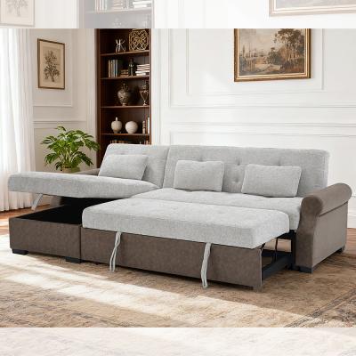 China L-Shaped Sectional Sleeper Sofa with Pull-Out Bed and Adjustable Backrest and Storage Chaise, Gray & Dark Brown for sale