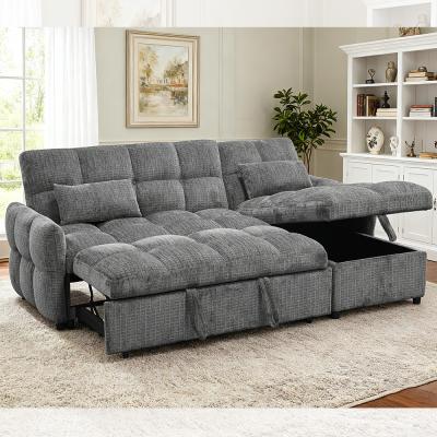 China L-Shaped Sectional Sleeper Sofa with Pull-Out Bed and Adjustable Backrest and Storage Chaise, Gray Chenille for sale