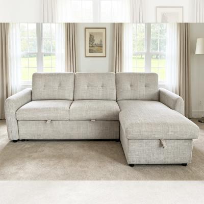 China L-Shaped Sectional Sleeper Sofa with Pull-Out Bed and Adjustable Backrest and Storage Chaise, Light Gray Fabric for sale