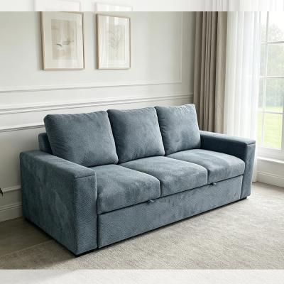 China Futon Sofa Bed, Convertible Sleeper Sofa Bed, Comfortable Pull-Out Bed with Adjustable Backrest, Arm with Hidden Stainless Steel Cup Holders, Blue Fabric for sale