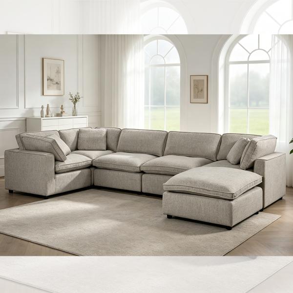 Quality Sectional Modular Sofa with Feather Blend Seat Cushion and Pillows, Gray Fabric for sale