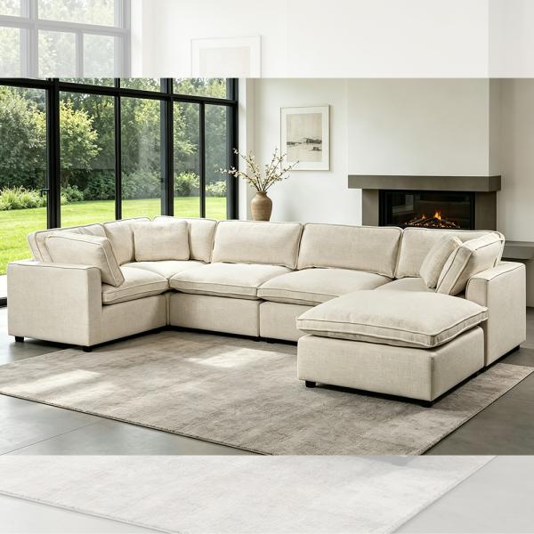 Quality Sectional Modular Sofa with Feather Blend Seat Cushion and Pillows, Beige Fabric for sale