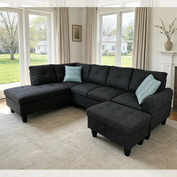 Quality L-Shaped Sectional Sofa with Dropdown Table and 2 Pillows, Ottoman with storage, Black Fabric for sale