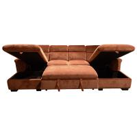 China U-Shaped Sectional Sleeper Sofa with Pull-Out Bed and Storage and Adjustable Headrest, Brick Red Fabric for sale