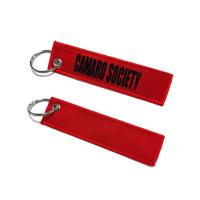 China Custom Rectangular Woven Keychain 12cm by 2.5cm Double Sided Logo Jet Tag for sale