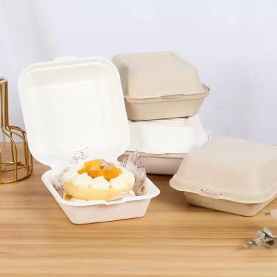 China Cake Food Container Paper Box Compartment Clamshell Sugarcane Lunch Box for sale