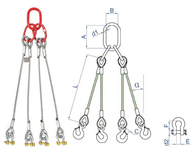 Galvanized Steel 48mm 4 Way Wire Rope Slings, lift sling