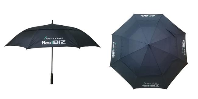 Philippine promotional umbrella showing black double canopy with white logo panels