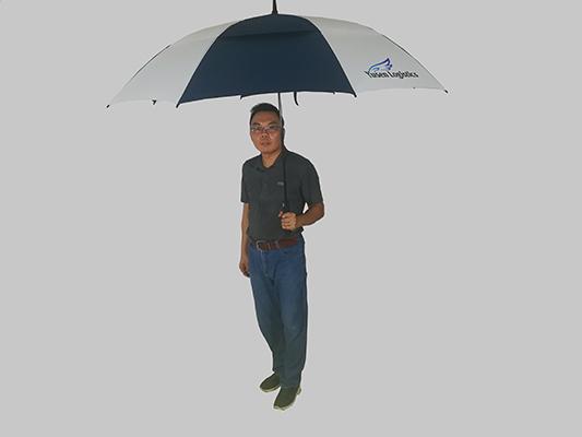 Large 68-inch hurricane-proof advertising umbrella in use on windy patio with logo clearly visible